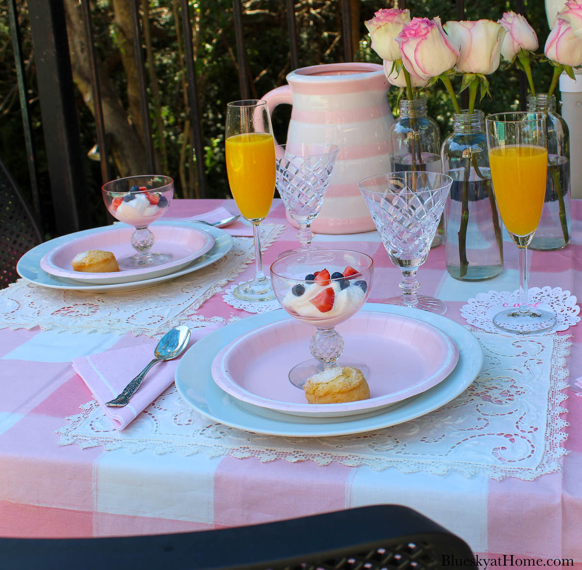 Pretty Pink Summer Table Setting Outside for Breakfast - Bluesky at Home