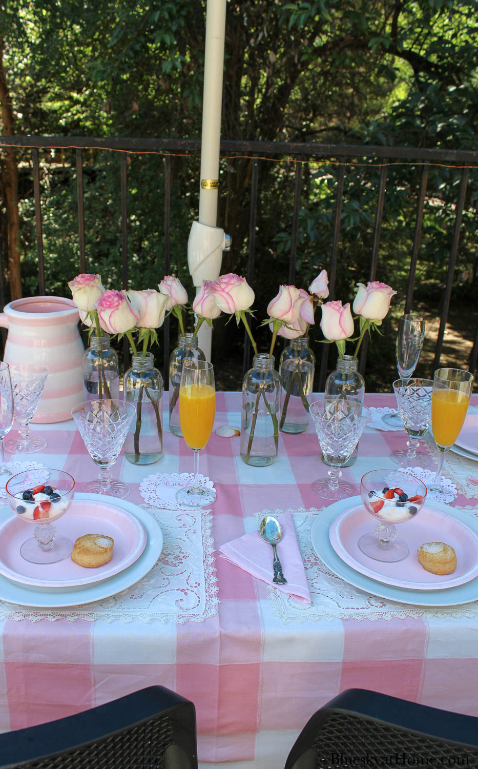 Pretty Pink Summer Table Setting Outside for Breakfast - Bluesky at Home